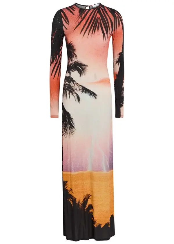 Rabanne Printed Embellished Stretch-jersey Maxi Dress - Orange