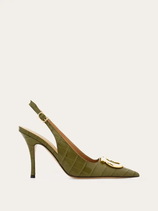 FERRAGAMO Maxi Gancini Slingback In Printed Calfskin - Green