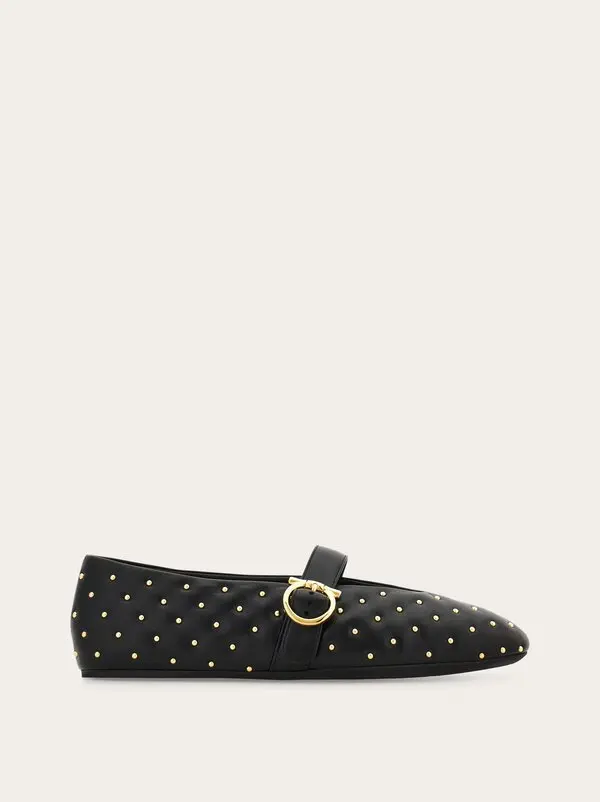 FERRAGAMO Studded Gancini Buckle Ballet Flat - Black