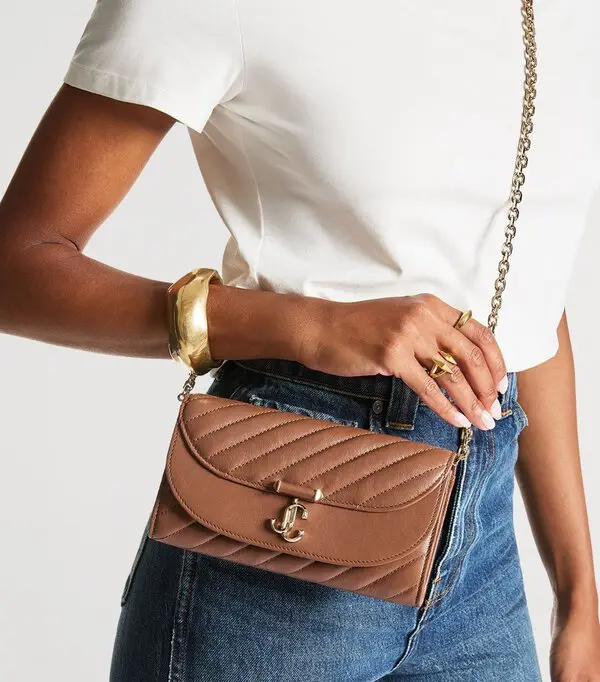 JIMMY CHOO Curve Quilted Leather Chain Wallet - Beige