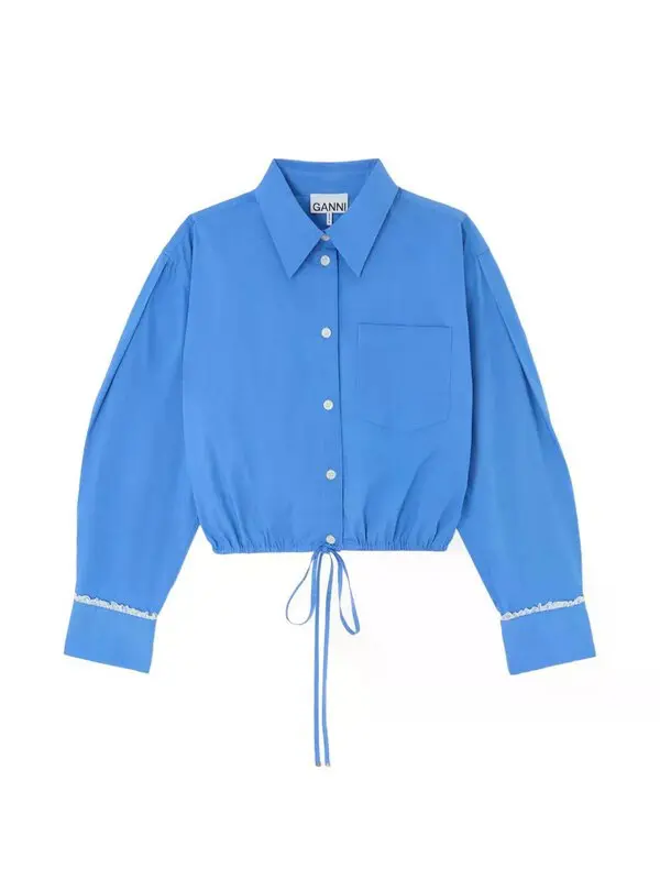 GANNI Lace-trim Drawstring-hem Shirt - Blue