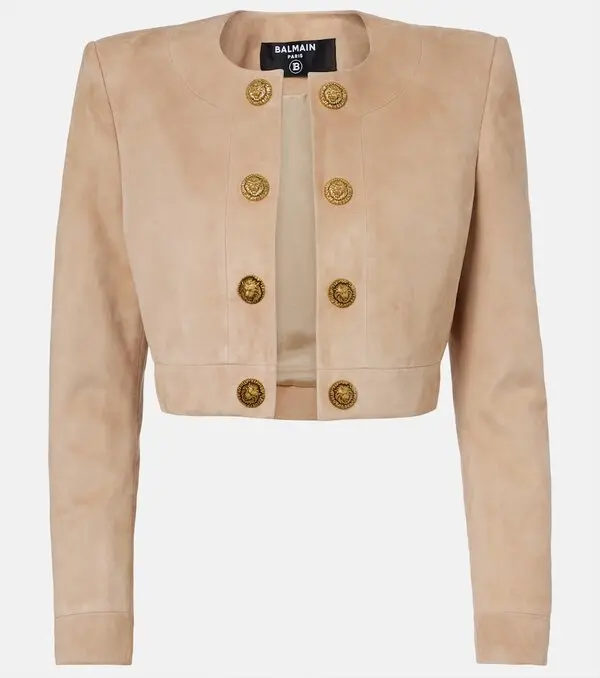 Balmain Suede Cropped Jacket With Embossed Buttons - Beige