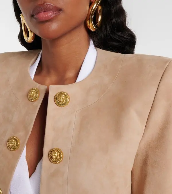 Balmain Suede Cropped Jacket With Embossed Buttons - Beige