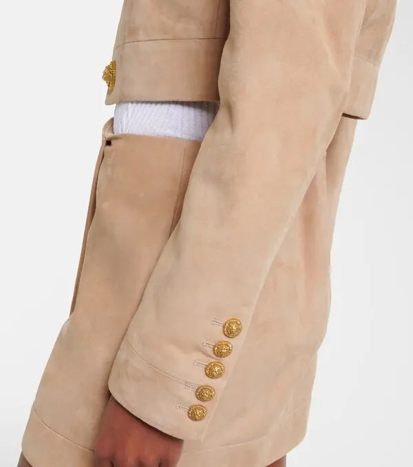 Balmain Suede Cropped Jacket With Embossed Buttons - Beige