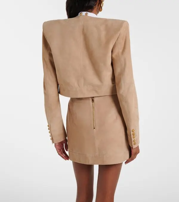 Balmain Suede Cropped Jacket With Embossed Buttons - Beige