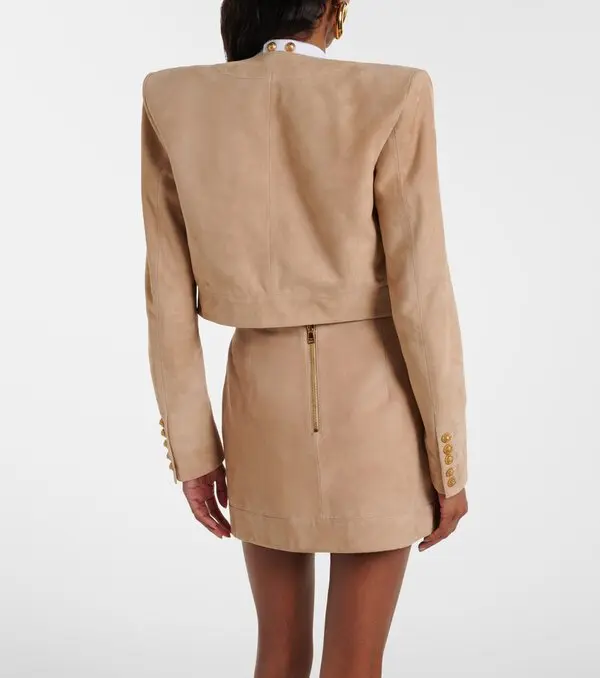 Balmain Suede Cropped Jacket With Embossed Buttons - Beige