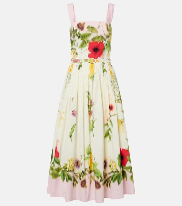 Oscar De La Renta Belted Floral Cotton-blend Poplin Midi Dress - White