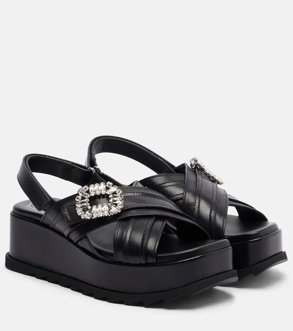 ROGER VIVIER Embellished Leather Platform Sandals - Black
