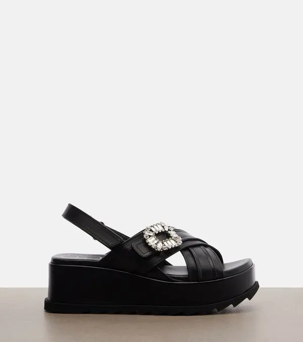 ROGER VIVIER Embellished Leather Platform Sandals - Black