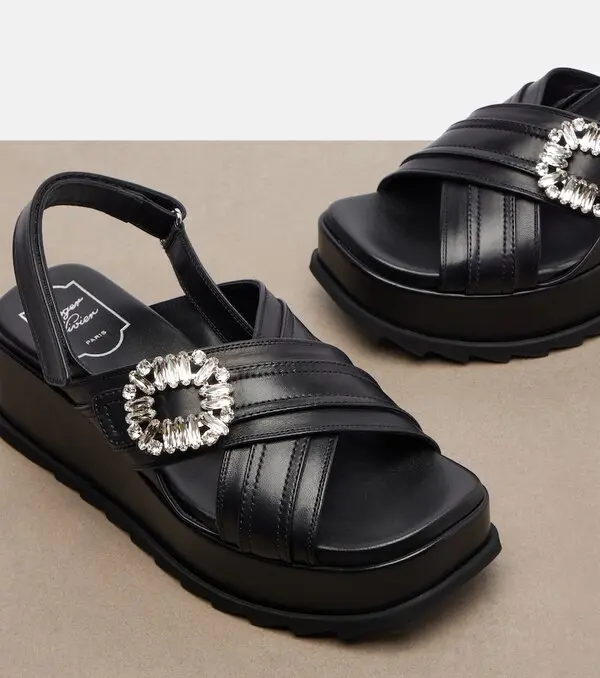 ROGER VIVIER Embellished Leather Platform Sandals - Black
