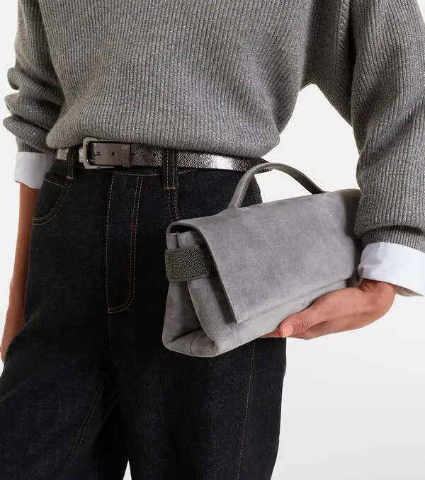 Brunello Cucinelli Monili Suede Top Handle Bag - Grey