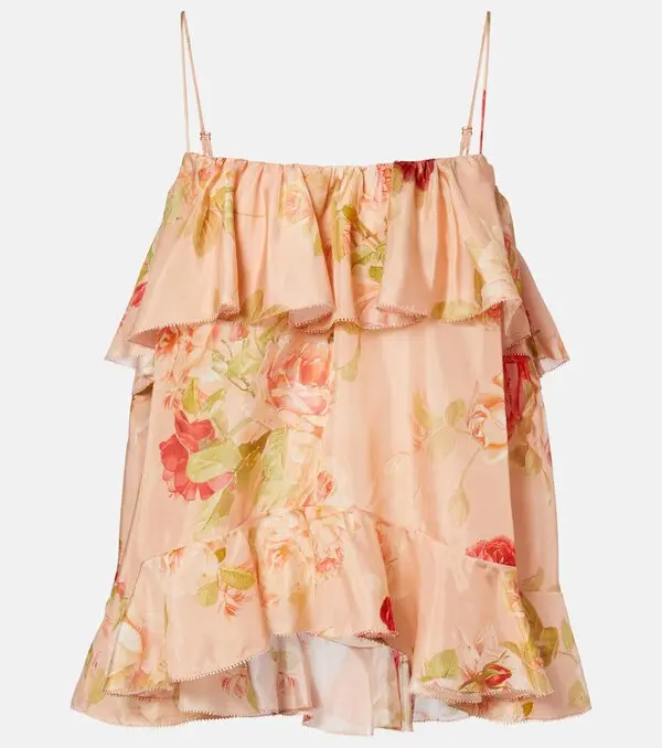 Zimmermann Roselight Floral Ruffled Silk Camisole - Pink