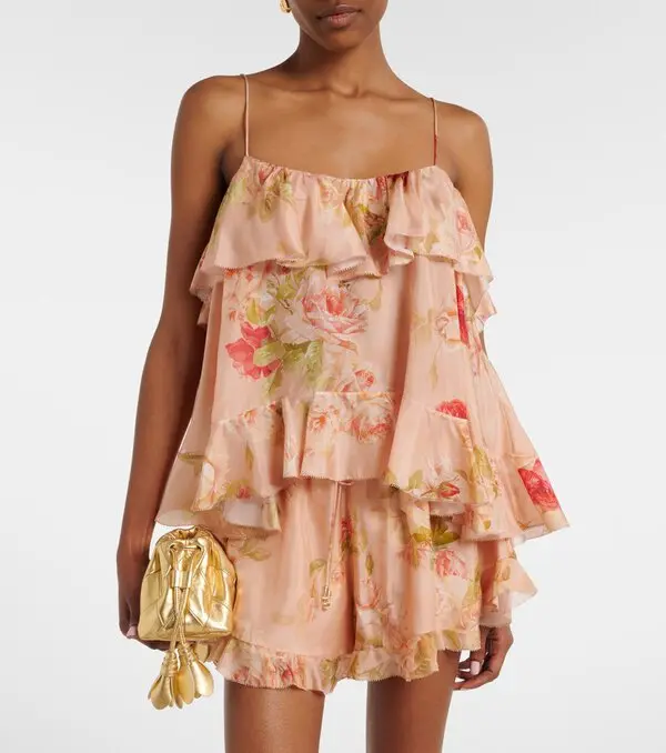 Zimmermann Roselight Floral Ruffled Silk Camisole - Pink