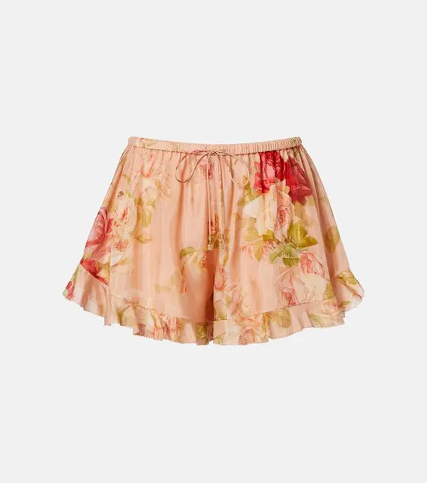 Zimmermann Roselight Floral Ruffled Silk Shorts - Pink