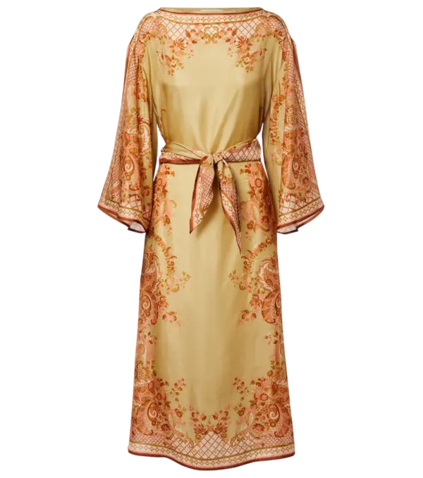 Zimmermann Belted Printed Silk Midi Dress - Gold