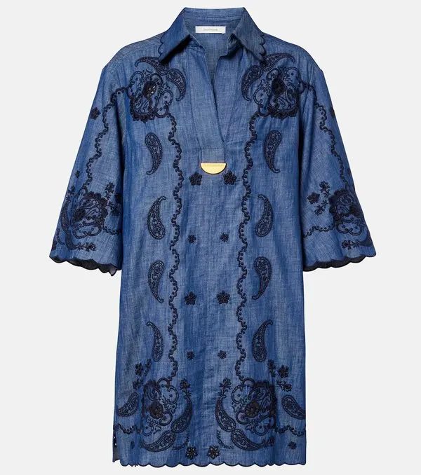 Zimmermann Embroidered Cotton Chambray Mini Dress - Blue