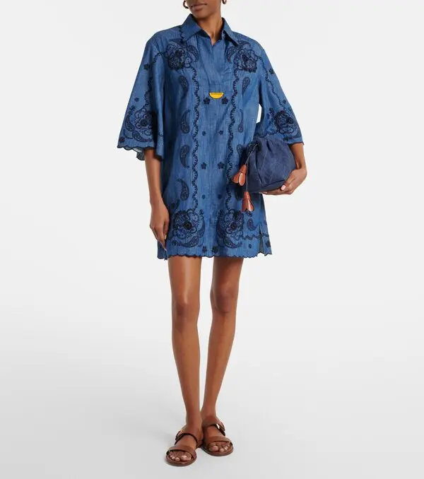 Zimmermann Embroidered Cotton Chambray Mini Dress