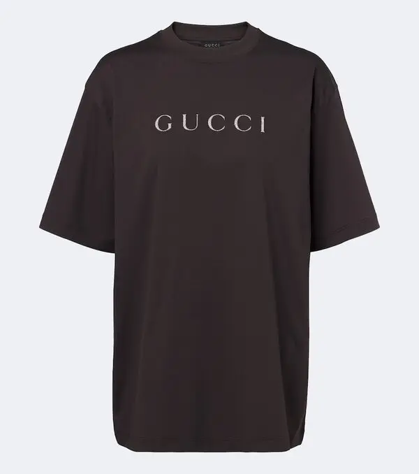 Gucci Logo Cotton Jersey T-shirt With Ruffled Details - Brown