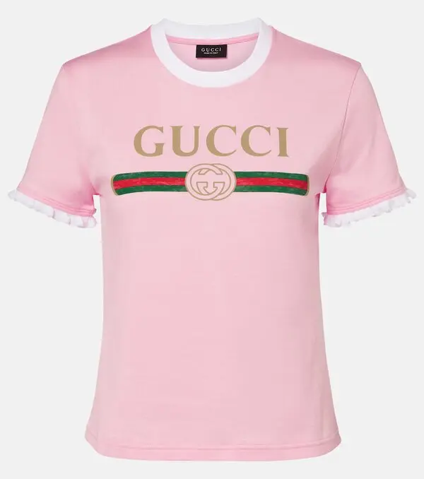 Gucci Logo Cotton Jersey T-shirt With Ruffled Details - Pink
