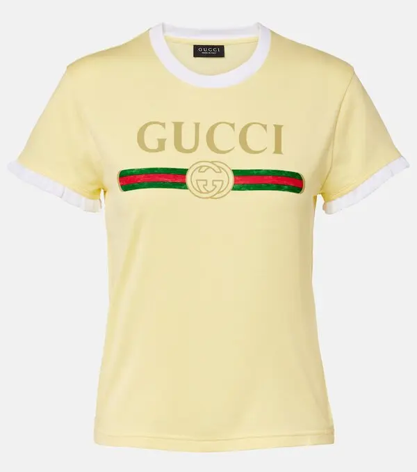 Gucci Logo Cotton Jersey T-shirt With Ruffled Details - Yellow