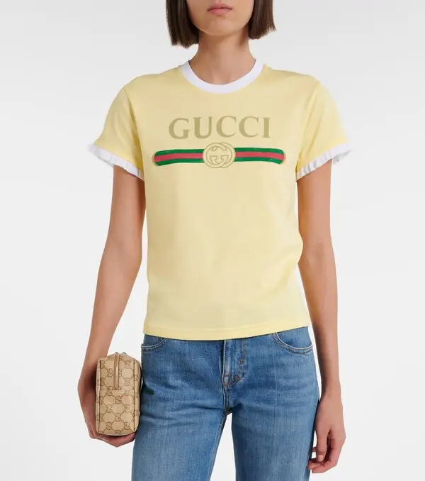 Gucci Logo Cotton Jersey T-shirt With Ruffled Details - Yellow