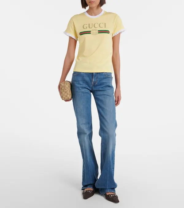 Gucci Logo Cotton Jersey T-shirt With Ruffled Details - Yellow