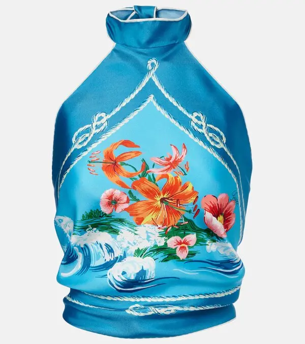 Gucci Printed Silk Twill Halterneck Crop Top - Blue