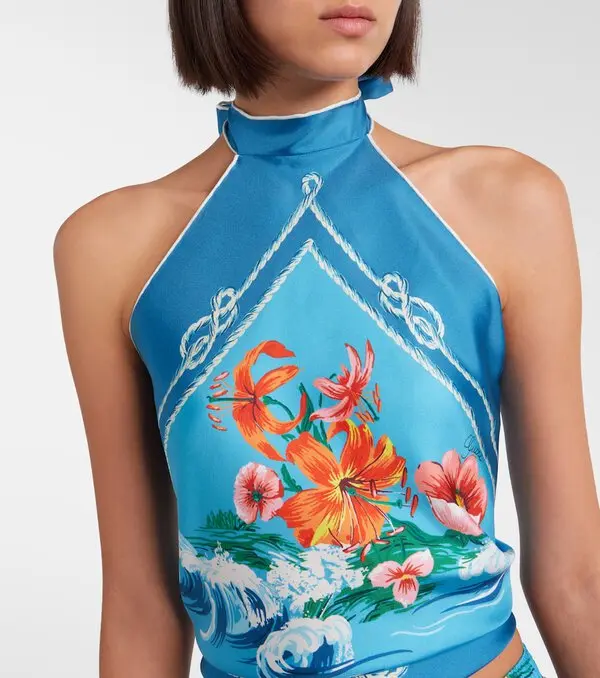 Gucci Printed Silk Twill Halterneck Crop Top - Blue