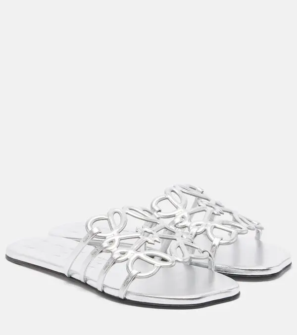 Loewe Anagram Leather Slides - Silver