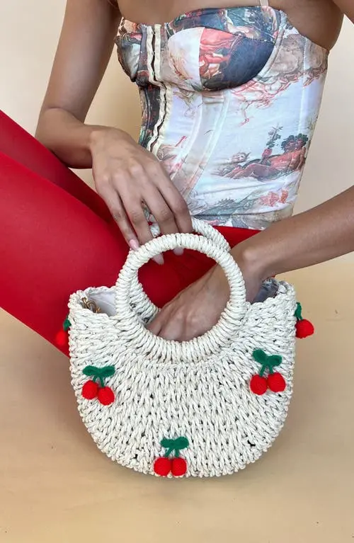 PETIT MOMENTS Cherry Raffia Top Handle Bag