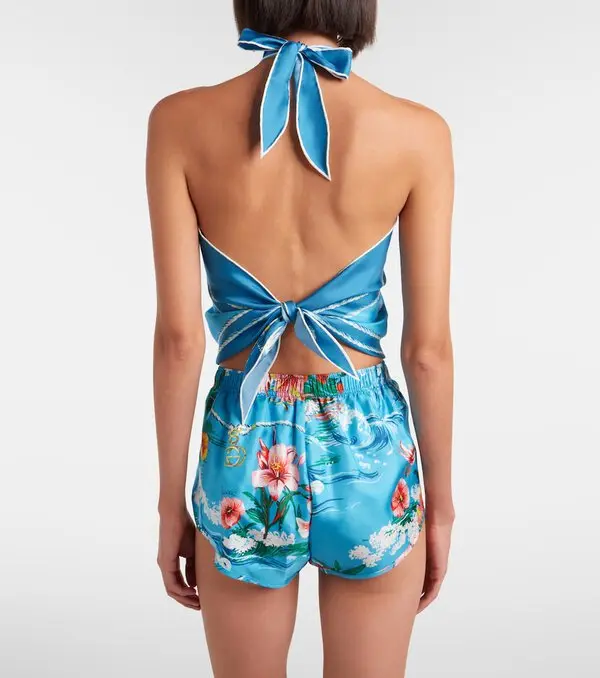 Gucci Printed Silk Twill Halterneck Crop Top - Blue