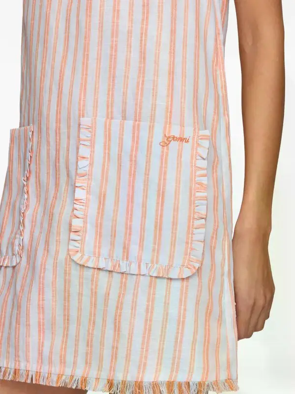 GANNI Striped Linen Mini Dress With Frayed Edges - Orange