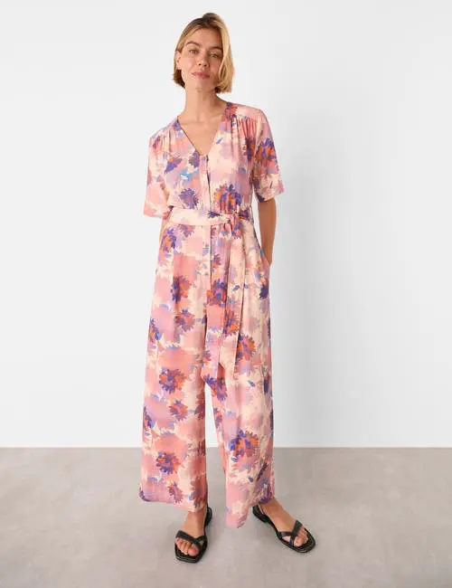 Whistles Floral Button Front Cropped Jumpsuit - Pink/multi