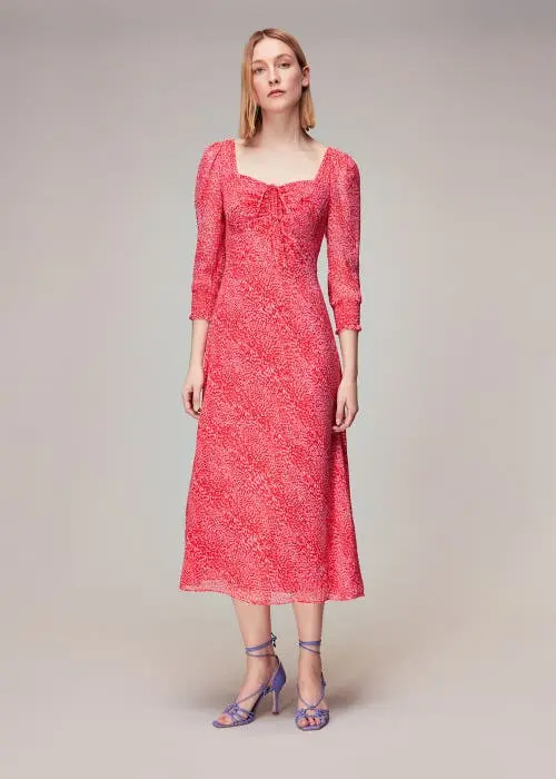 Whistles Diagonal Leopard Print Midi Dress With 3/4 Sleeves - Pink/multi
