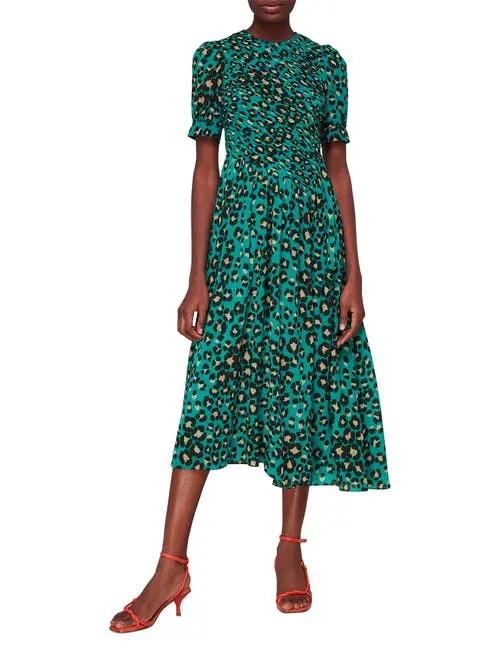 Whistles Painted Leopard Shirred Midi Dress - Green/multi
