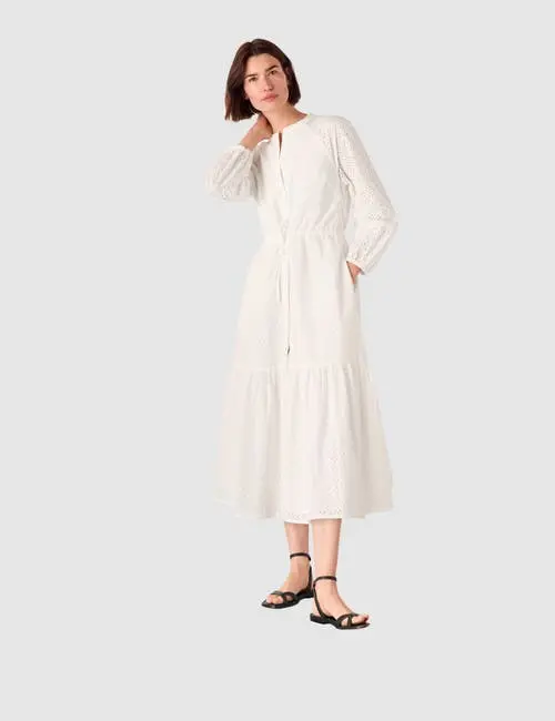 Whistles Long Sleeve Broderie Midi Dress - White