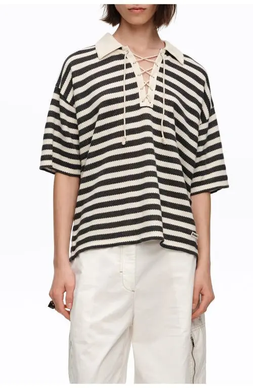 Bimba Y Lola Striped T-shirt With Corset-style Polo Collar