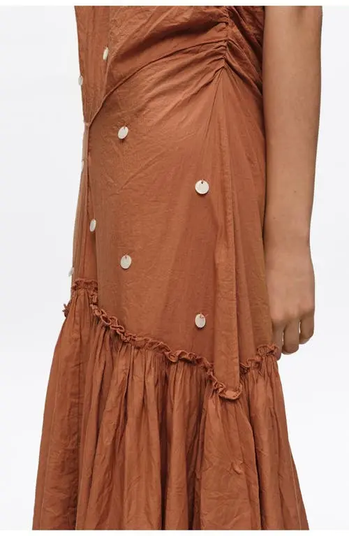Bimba Y Lola Strapless Midi Dress With Ruched Neckline And Mother-of-pearl Embellishments - Toffee