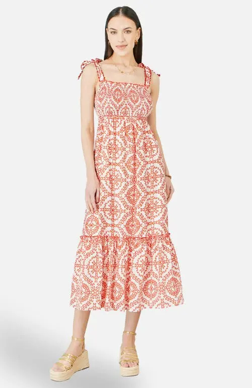 YUMI Ruched Tie Strap Midi Sun Dress - Red