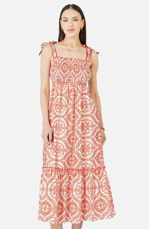 YUMI Ruched Tie Strap Midi Sun Dress