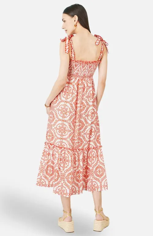 YUMI Ruched Tie Strap Midi Sun Dress