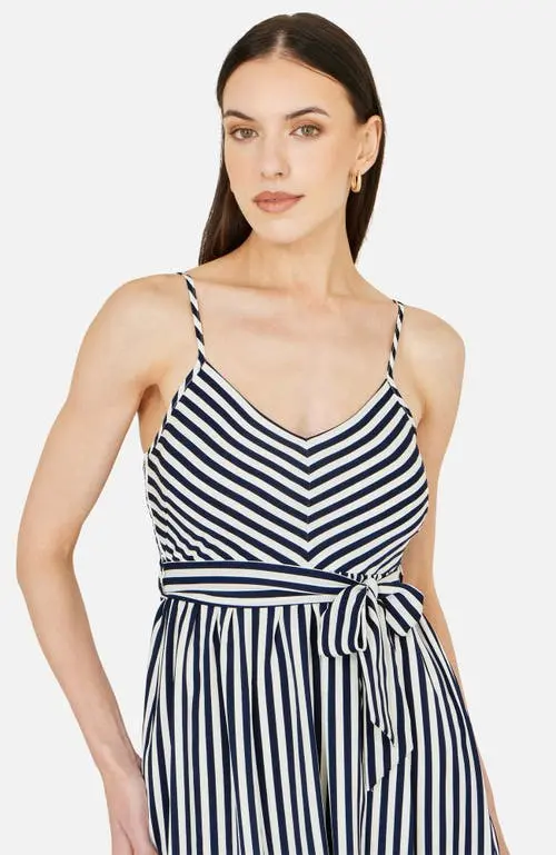 YUMI Striped Midi Dress With V-neck And Tie Waist - Navy