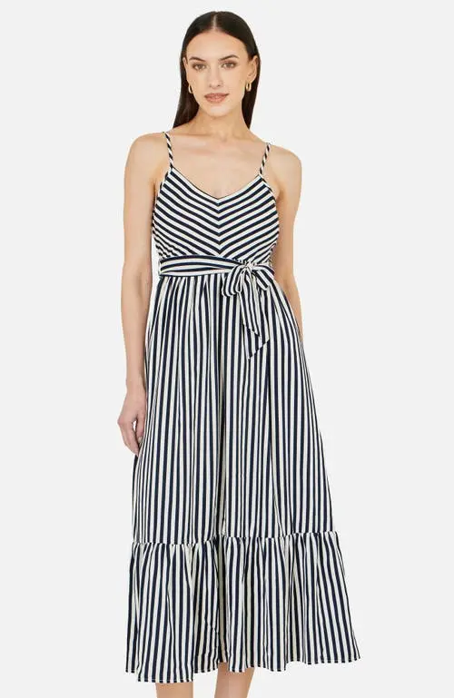 YUMI Striped Midi Dress With V-neck And Tie Waist - Navy
