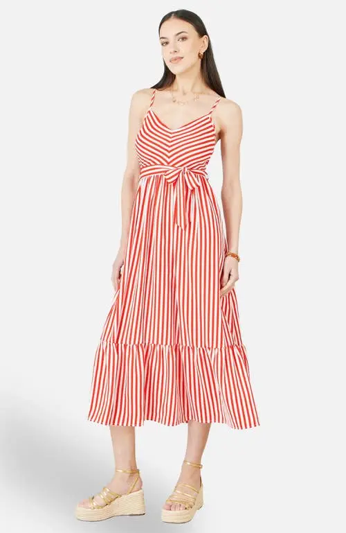 YUMI Striped Midi Dress With V-neck And Tie Waist - Red