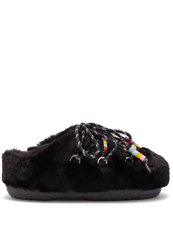 Moon Boot Faux Fur Mule With Embellished Detailing - Black