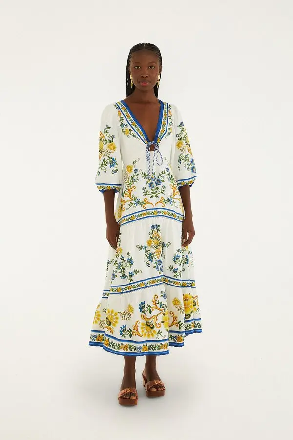 Farm Rio Off-white Emily Floral Tapestry Midi Dress - Emily Floral Tapestry Off-white