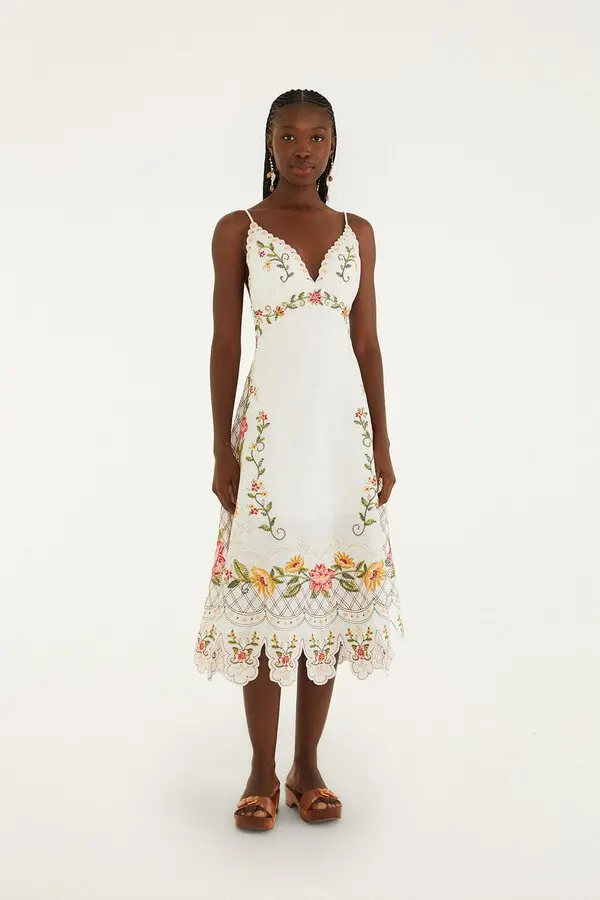 Farm Rio Floral Embroidered Asymmetrical Hem Midi Dress - Off-white