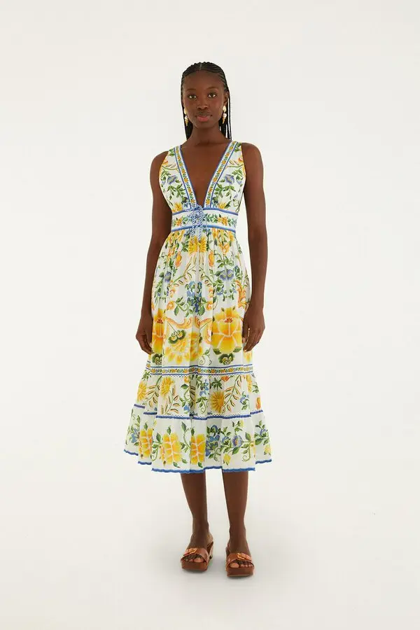 Farm Rio Off-white Emily Floral Tapestry Midi Dress With Rope Ties - Emily Floral Tapestry Off-white