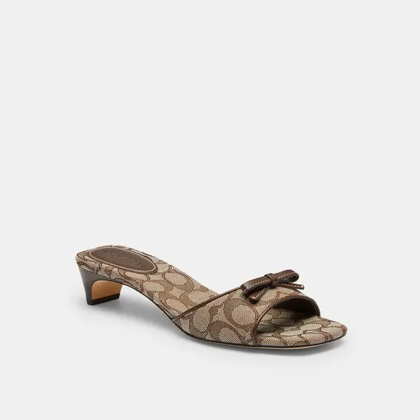 COACH OUTLET Coach Signature Jacquard Bow Kitten Heel Sandal - Oak/maple