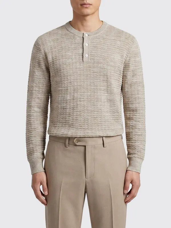 ROBERTO COLLINA Crewneck Cotton And Linen Blend Jumper With Three Buttons - Beige
